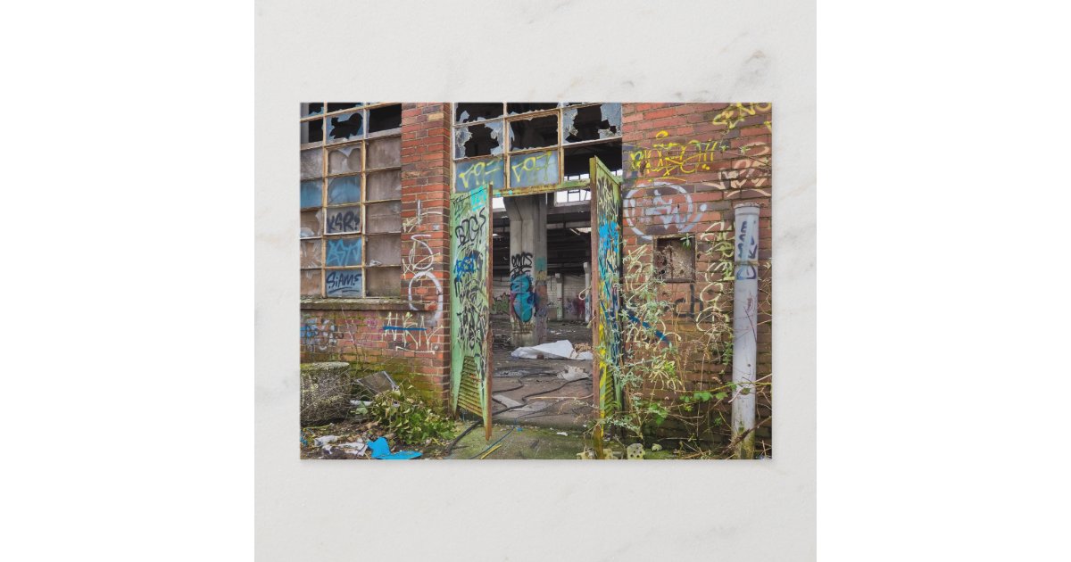 Graffiti Broken Window Abandoned Building Postcard | Zazzle
