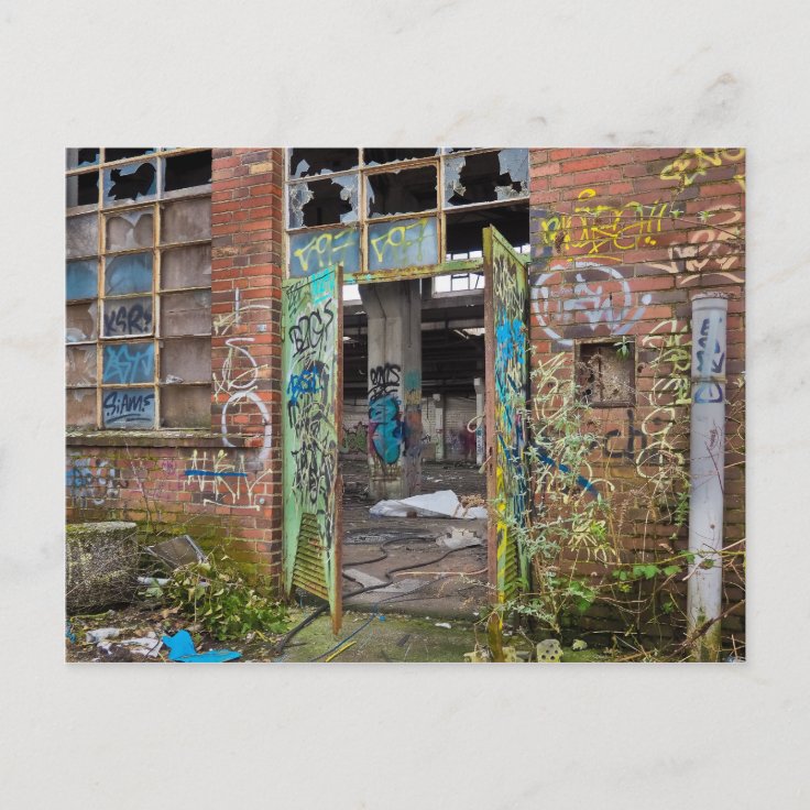 Graffiti Broken Window Abandoned Building Postcard | Zazzle