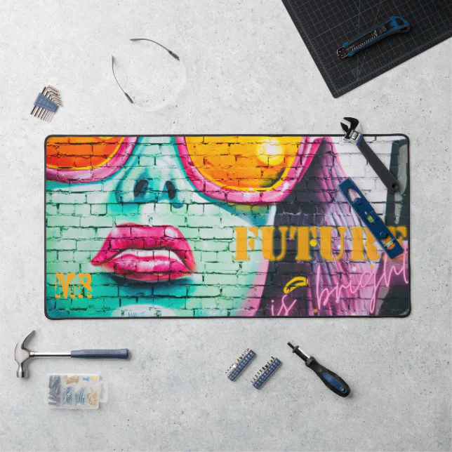Graffiti Future Is Bright Neon Girl Monogram Desk Mat | Zazzle