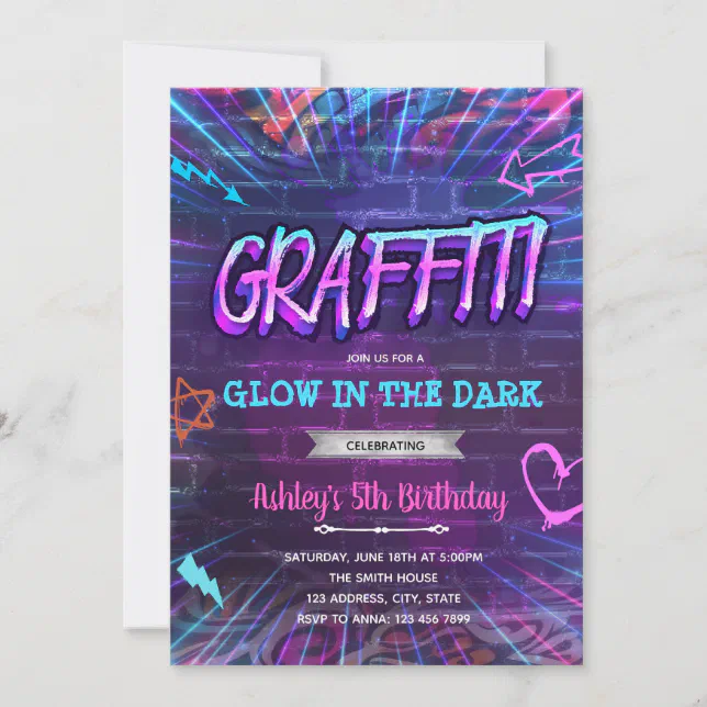 Graffiti glow neon birthday invitation | Zazzle