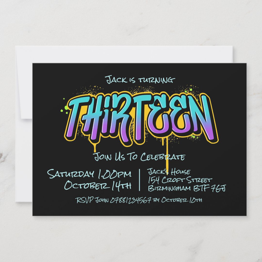 Graffiti Teen Thirteen Invitation | Zazzle
