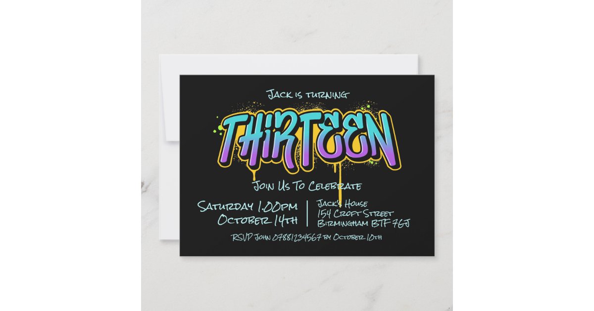Graffiti Teen Thirteen Invitation | Zazzle