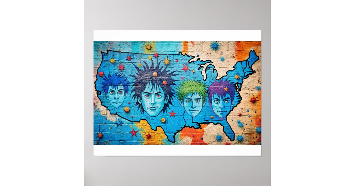 Grafitti Watercolor USA Map Poster | Zazzle