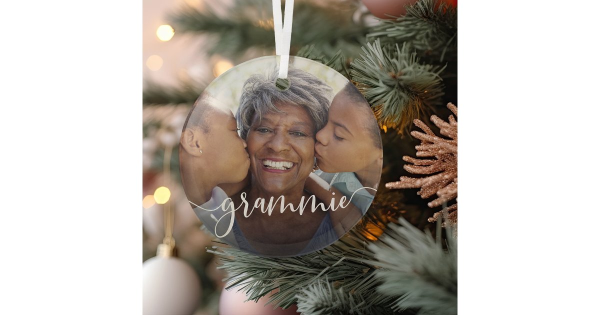 Grammie Grandma Script Overlay Glass Ornament | Zazzle