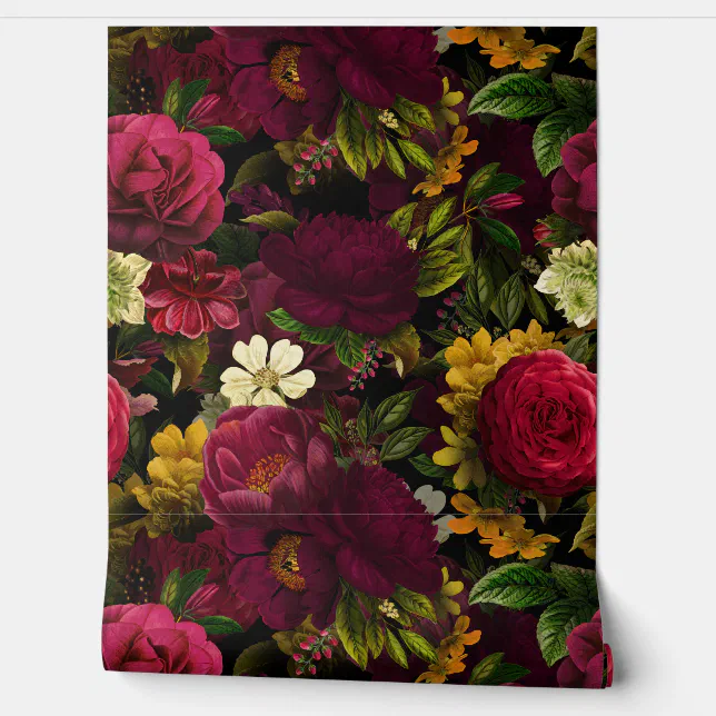 Grand Millennial burgundy Roses Gothic Nostalgic Wallpaper | Zazzle