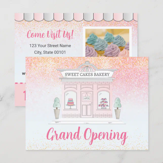 Grand Opening Bakery Cafe Pink Glitter Announcement Postcard | Zazzle