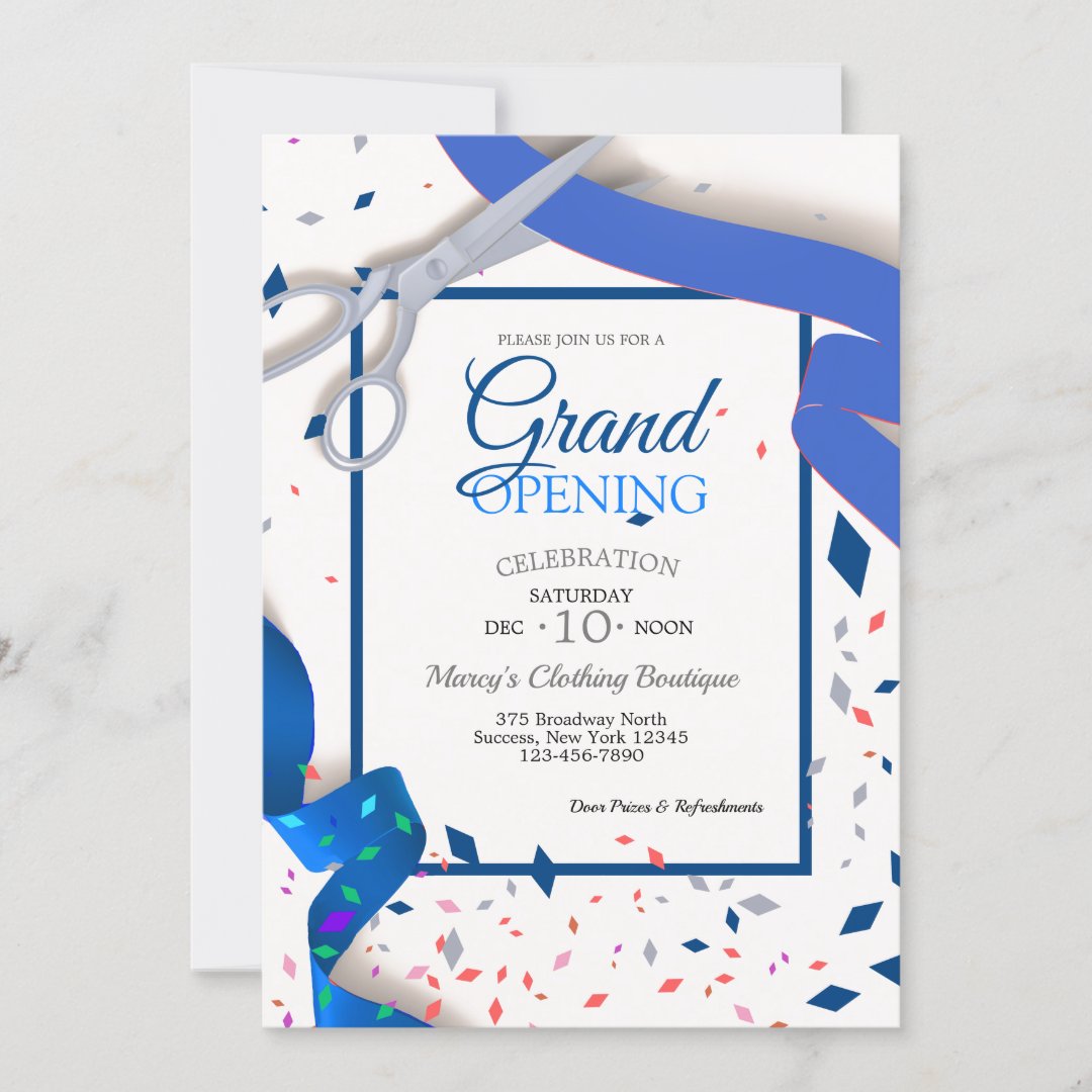 Grand Opening Event Blue Ribbon (Open Back) Invitation | Zazzle