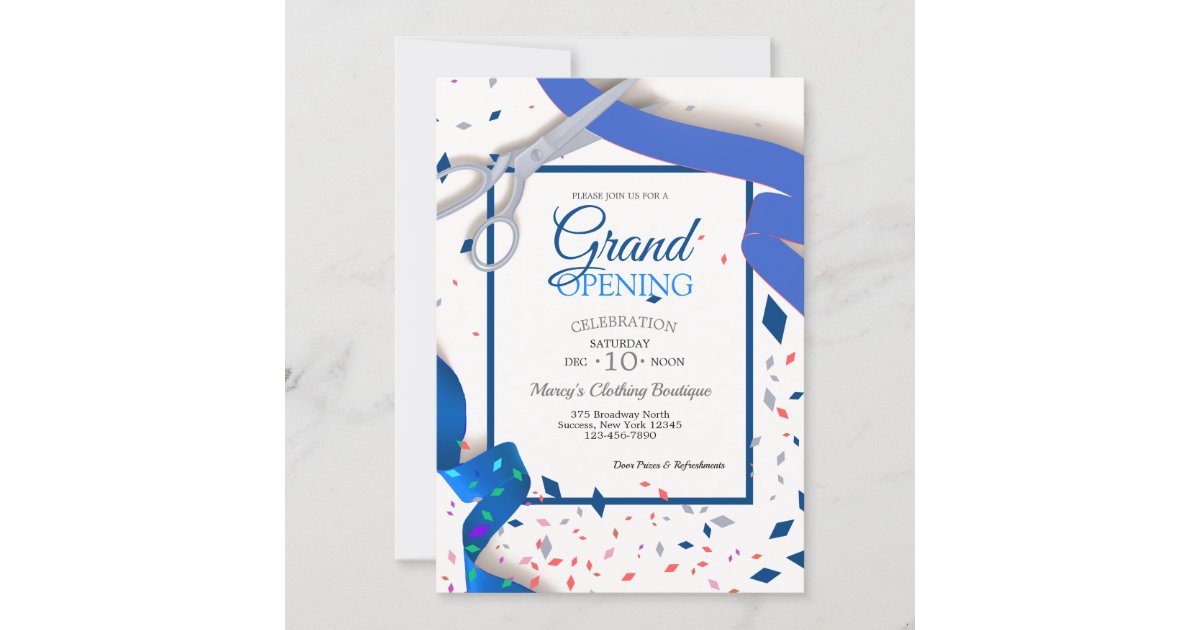 Grand Opening Event Blue Ribbon (Open Back) Invitation | Zazzle