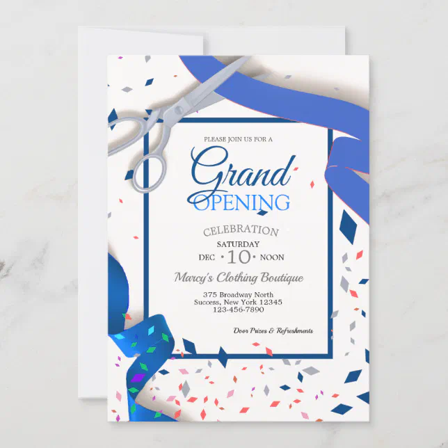 Grand Opening Event Blue Ribbon (Open Back) Invitation | Zazzle
