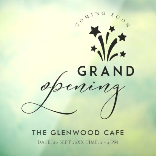 Grand Opening Firework Star Black Coming Soon Window Cling | Zazzle