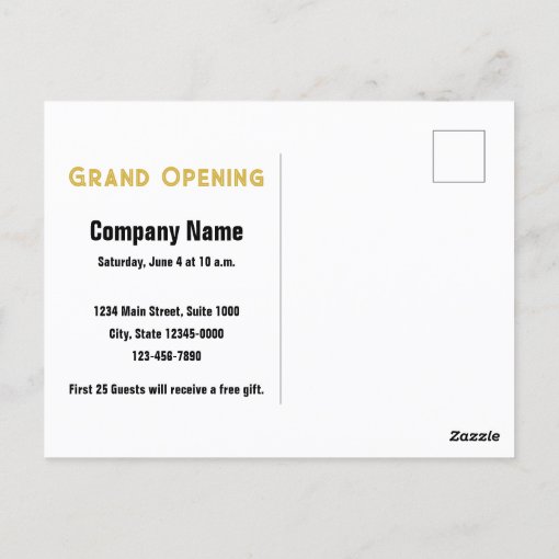 Grand Opening Gold Black and White Company Name Postcard | Zazzle