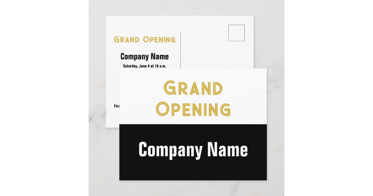 Grand Opening Gold Black and White Company Name Postcard | Zazzle