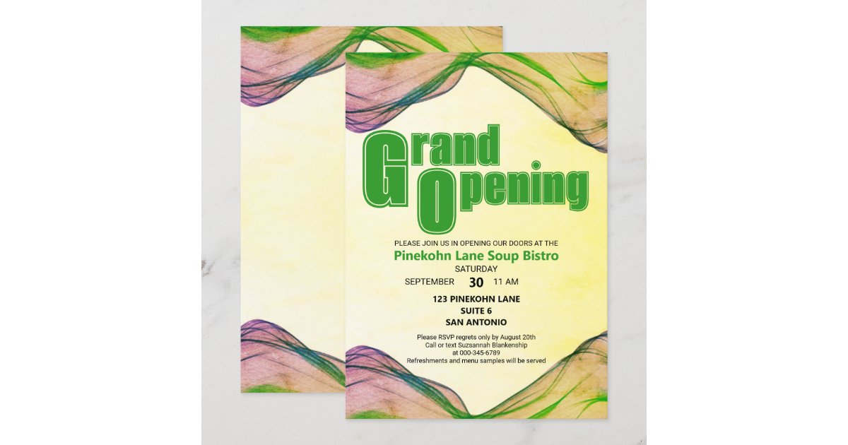 Grand Opening Green Yellow Watercolor Border Wave Invitation | Zazzle