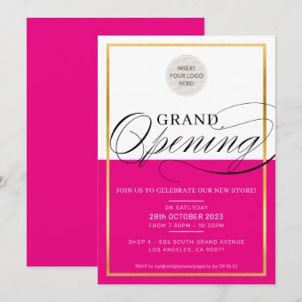 GRAND OPENING modern business logo hot pink gold Invitation | Zazzle