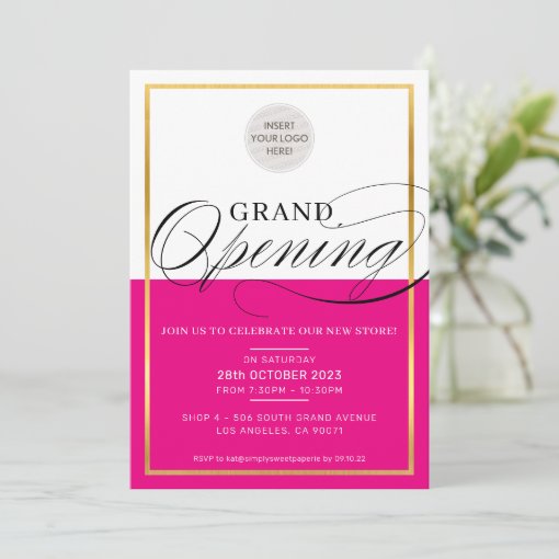 GRAND OPENING modern business logo hot pink gold Invitation | Zazzle