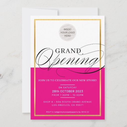 GRAND OPENING modern business logo hot pink gold Invitation | Zazzle