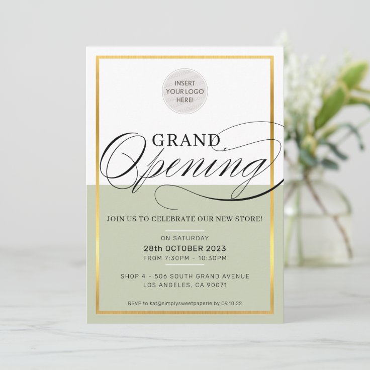 GRAND OPENING modern business logo sage green gold Invitation | Zazzle