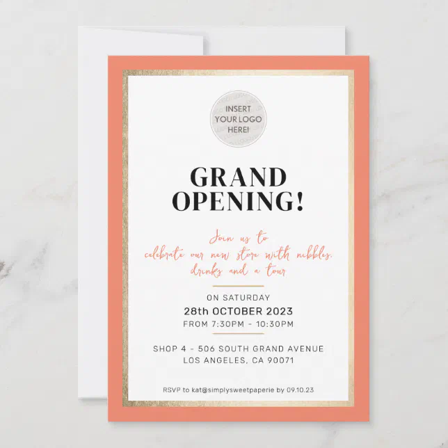 GRAND OPENING modern minimal logo store peach Invitation | Zazzle