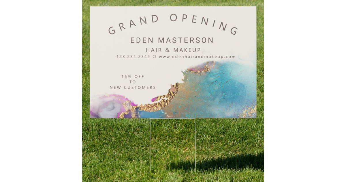 grand opening watercolor gold hair and makeup sign | Zazzle