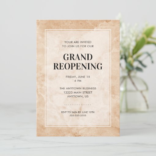 Grand Reopening Event Stylish Marble Background Invitation | Zazzle