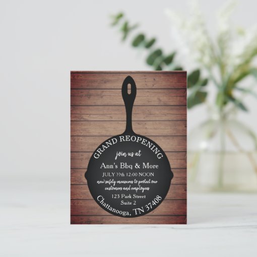 Grand Reopening Restaurant Skillet Wood Rustic Postcard | Zazzle