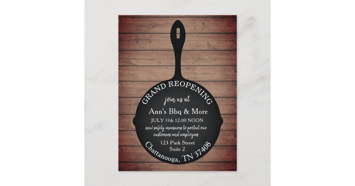 Grand Reopening Restaurant Skillet Wood Rustic Postcard | Zazzle
