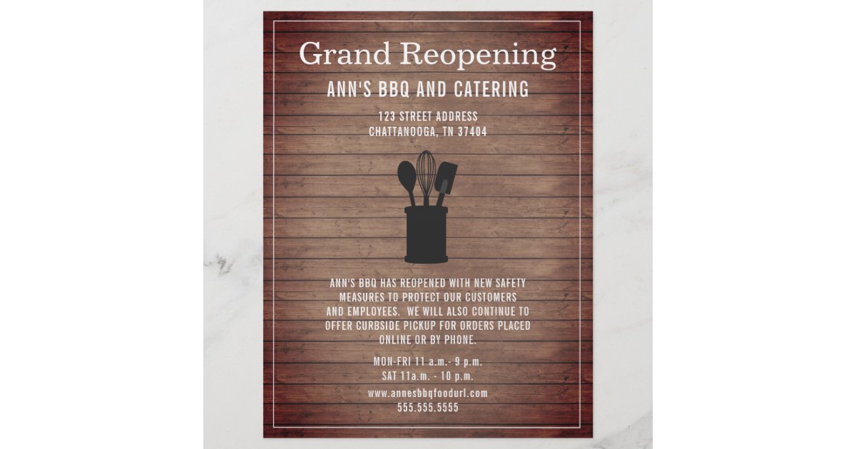 Grand Reopening Rustic Restaurant Crock Wood Flyer | Zazzle