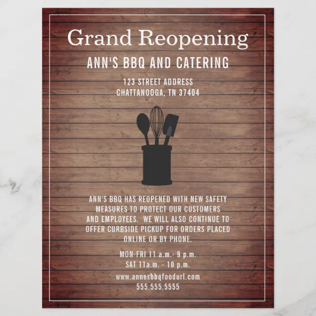 Grand Reopening Rustic Restaurant Crock Wood Flyer | Zazzle