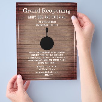 Grand Reopening Rustic Restaurant Skillet Wood Flyer | Zazzle