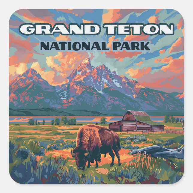 Grand Teton National Park Mountains Bison Wyoming Square Sticker | Zazzle