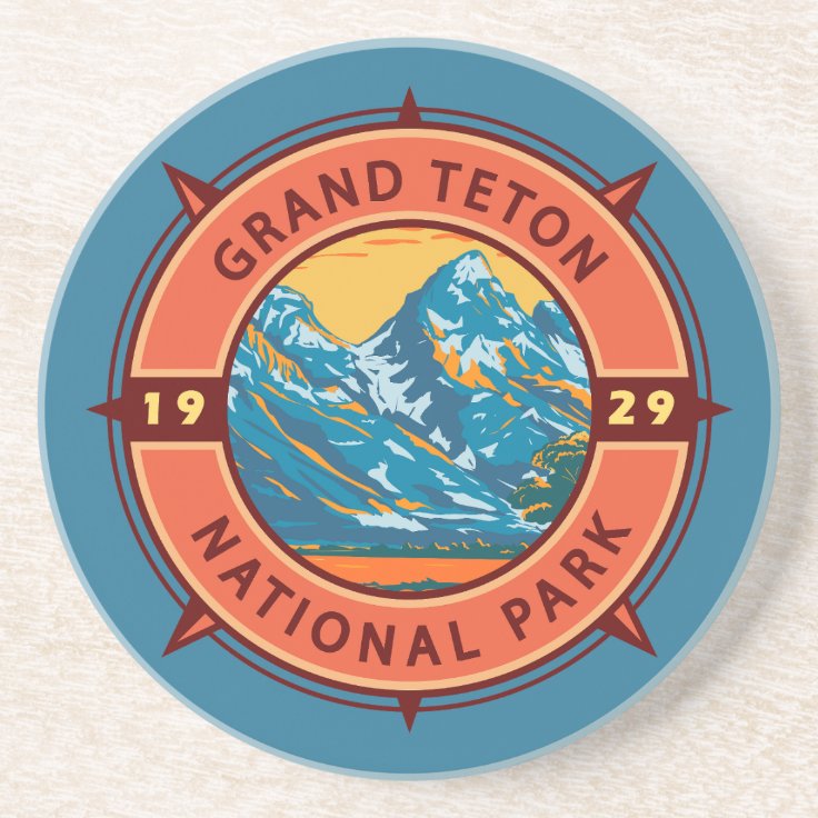 Grand Teton National Park Retro Compass Emblem Coaster | Zazzle
