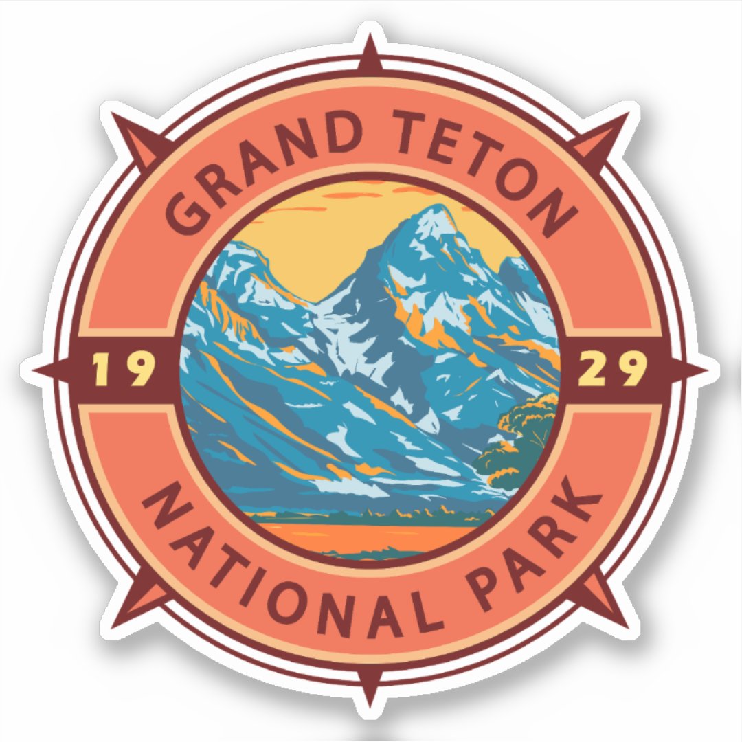 Grand Teton National Park Retro Compass Emblem Sticker | Zazzle
