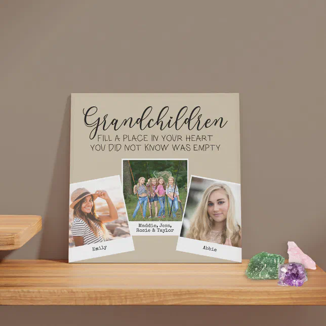 Grandchildren 3 Photo Collage and Caption Beige Faux Canvas Print | Zazzle