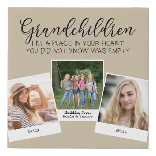 Grandchildren 3 Photo Collage and Caption Beige Faux Canvas Print | Zazzle