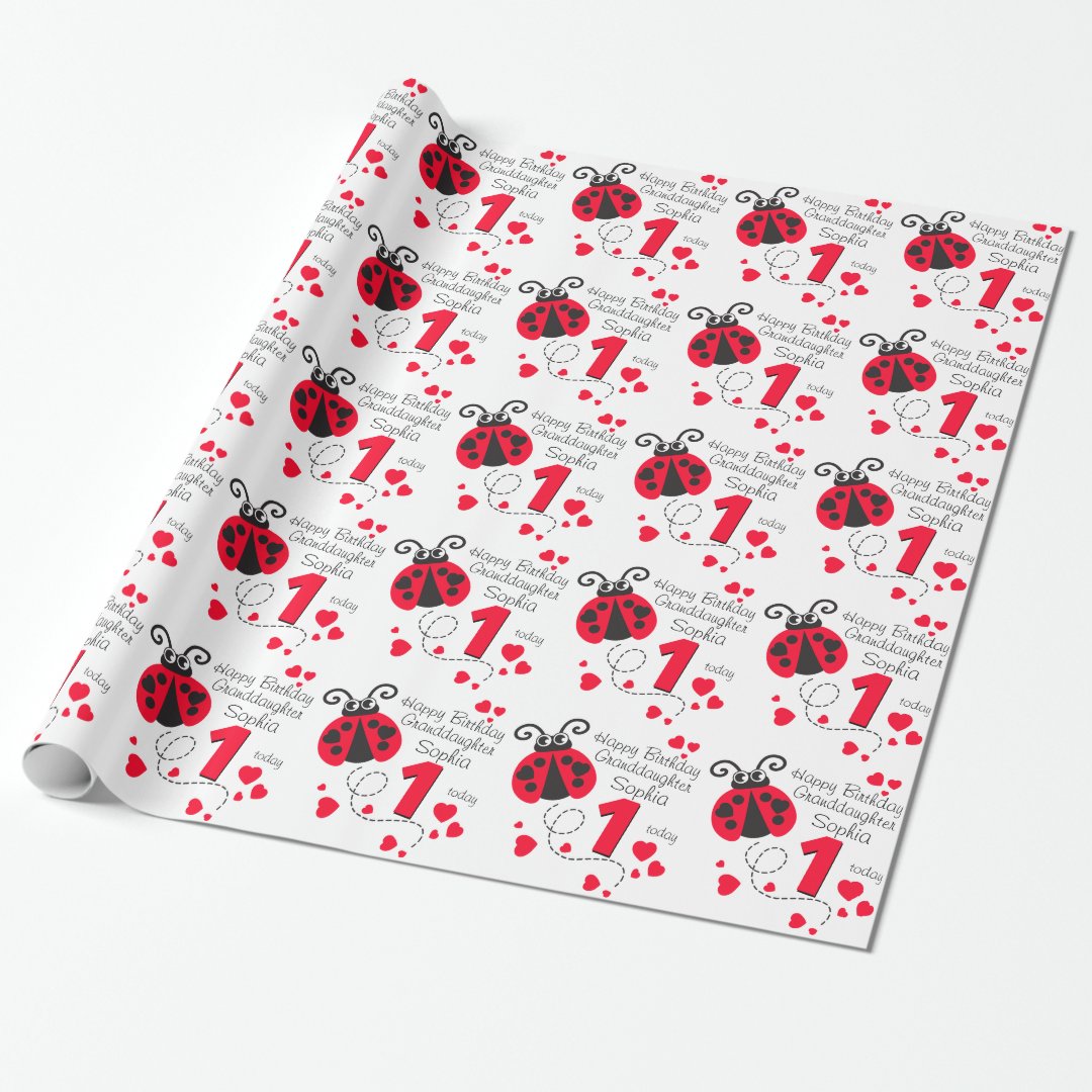 Granddaughter name ladybug 1st birthday wrap wrapping paper | Zazzle