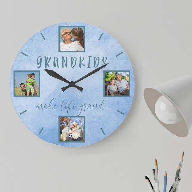 Grandkids make life Grand 4 Photo Blue Round Large Clock | Zazzle