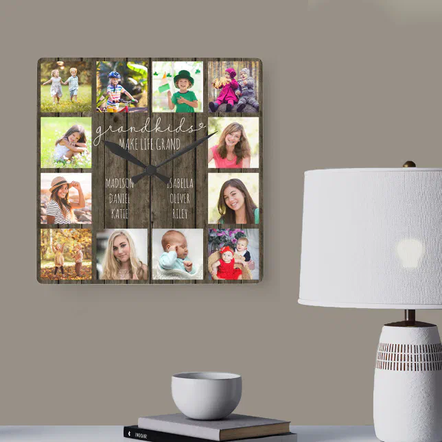 Grandkids Make Life Grand Quote 12 Photo Wood Look Square Wall Clock ...