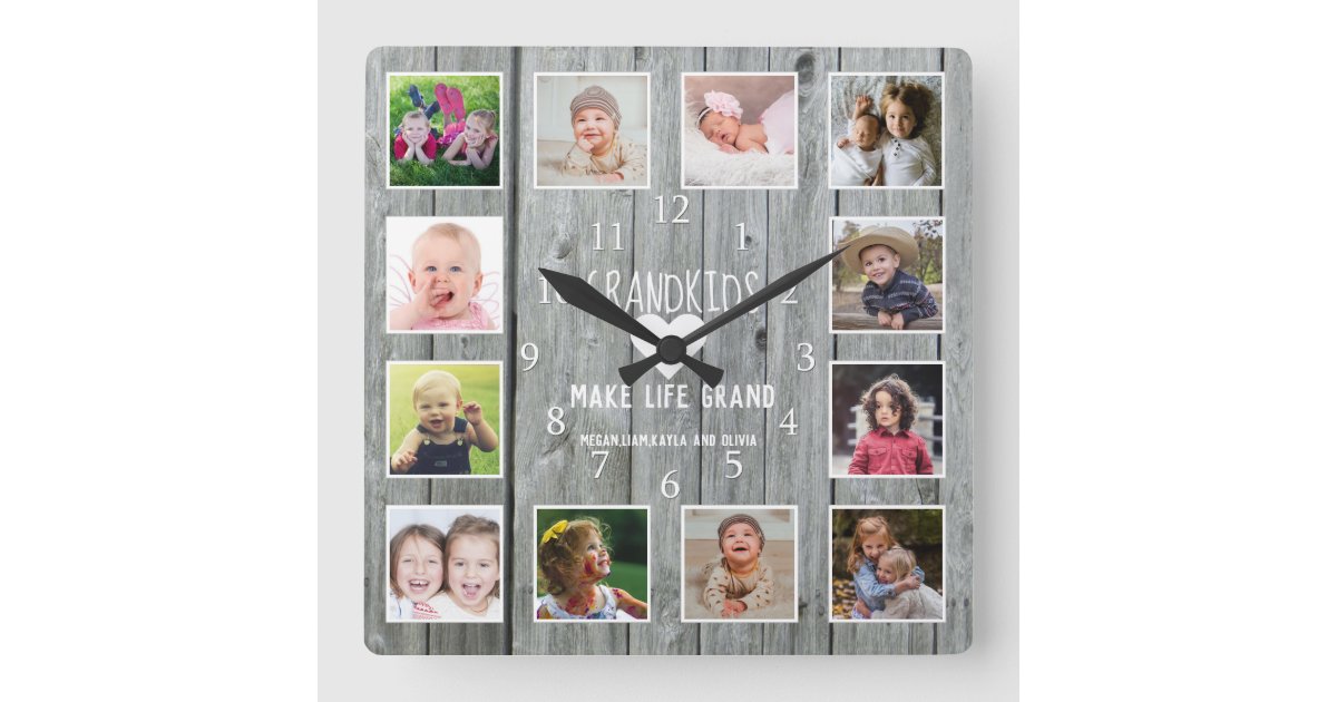 Grandkids Make Life Grand Quote Gray Wood 12 Photo Square Wall Clock ...