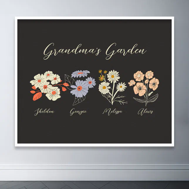 Grandma Flower Garden Custom 4 Name Vintage Floral Poster | Zazzle