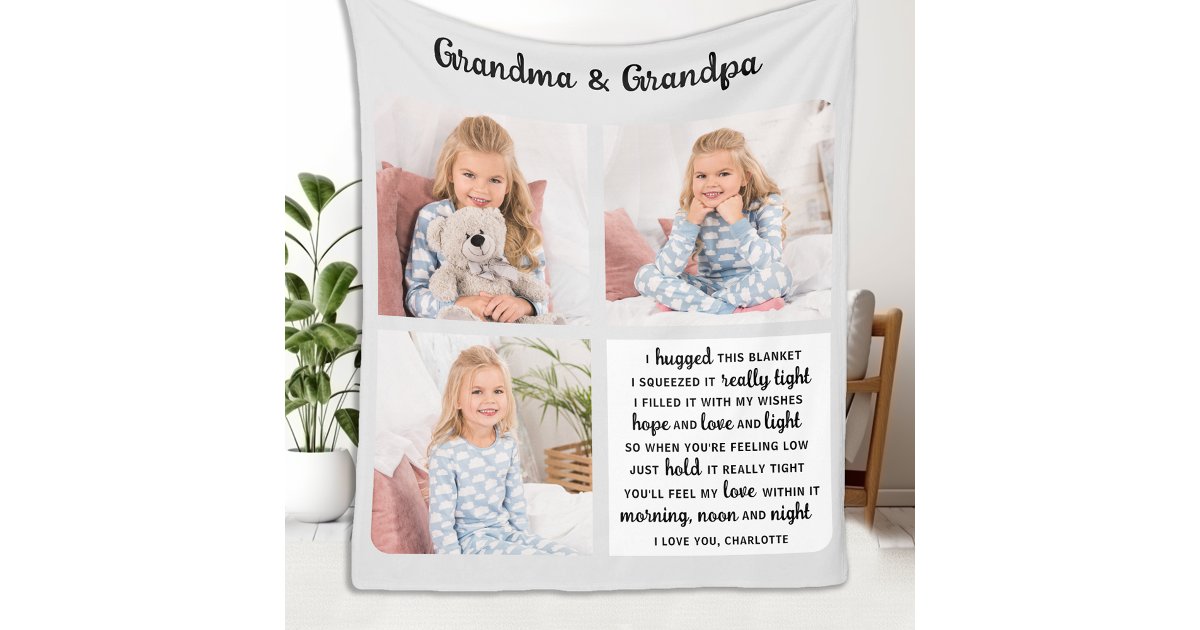 Grandma Grandpa Poem Modern Personalized 3 Photo Fleece Blanket | Zazzle