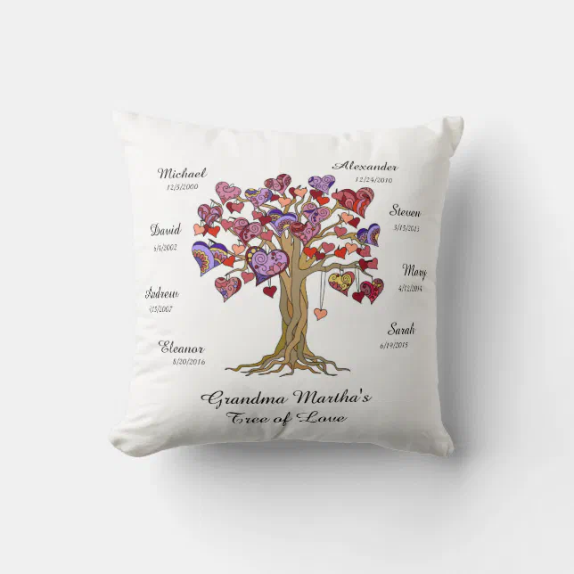 Grandma Tree (hearts) on White w/ 8 Names/Dates Throw Pillow | Zazzle