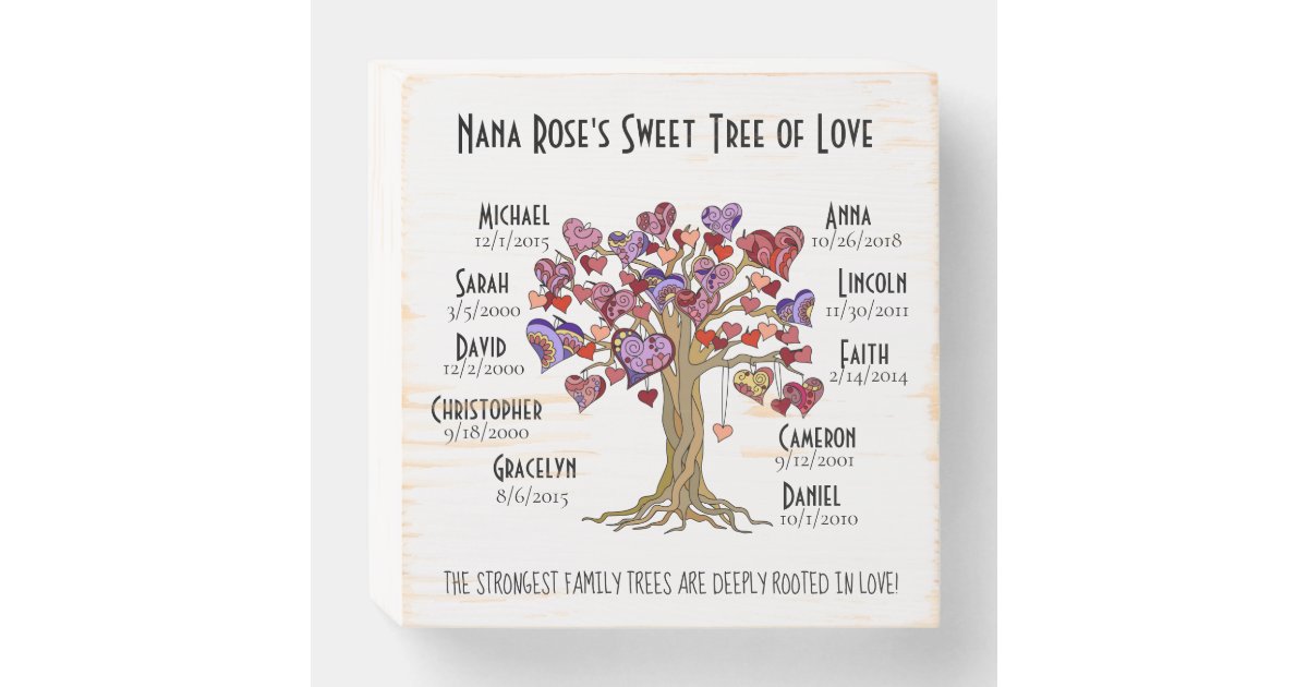 Grandma Tree of Love (hearts), with 10 Names/Dates Wooden Box Sign | Zazzle