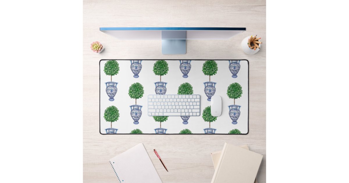 Grandmillenial preppy topiary vase blue desk mat | Zazzle