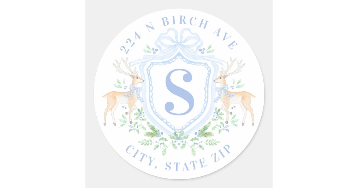 Grandmillennial Deer Crest Monogram Address Classic Round Sticker | Zazzle