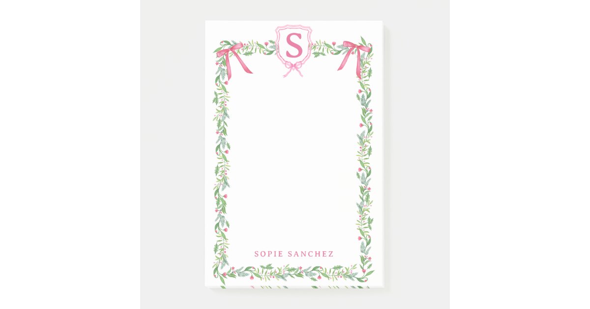 Grandmillennial Evergreen Swag with Monogram Post-it Notes | Zazzle
