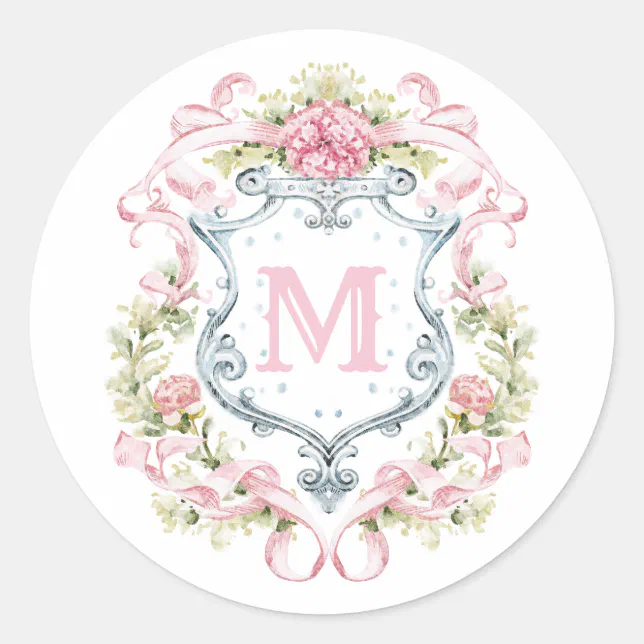 Grandmillennial Floral Crest Monogram | Bridal Classic Round Sticker ...