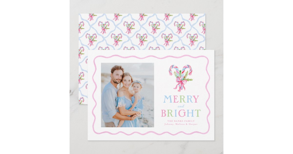 Grandmillennial Preppy Candy Canes Wavy Border Holiday Card | Zazzle