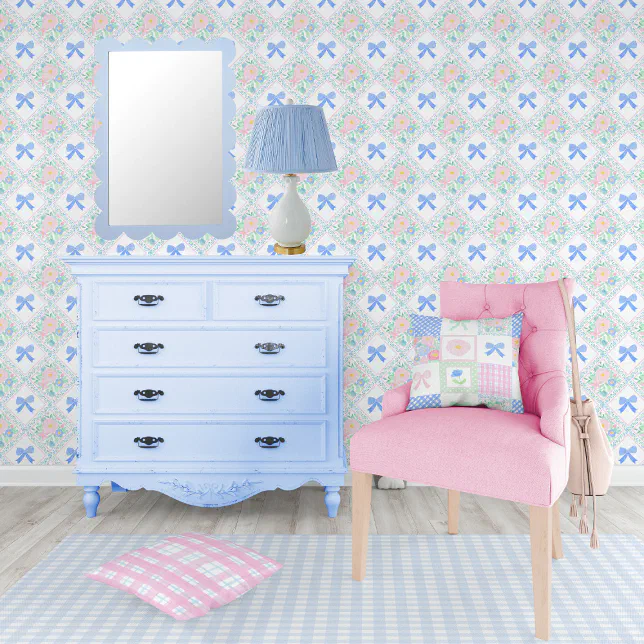 Grandmillennial preppy floral blue bows Trellis Wallpaper | Zazzle