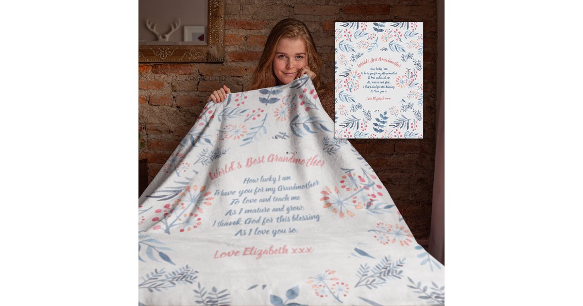 Grandmother Poem Personalized Blue Gray Rose Fleece Blanket | Zazzle