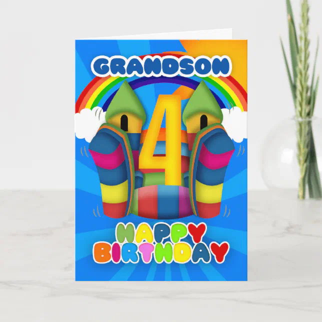 Grandson 4th Birthday Card With Bouncy Castle And | Zazzle